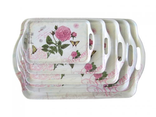 rectangle melamine food serving tray with rose and handle